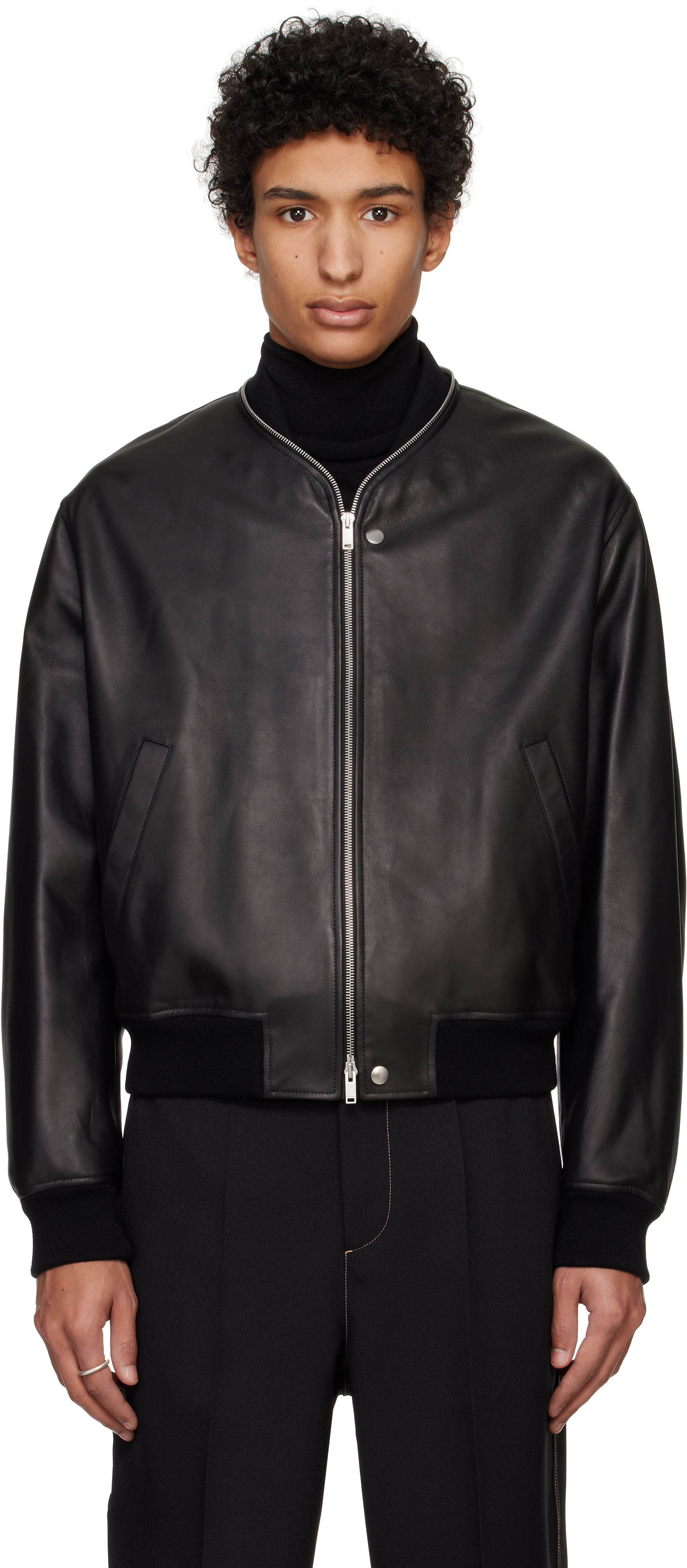 Jil Sander Zip-Up Leather Bomber Jacket In 001 Black - 58